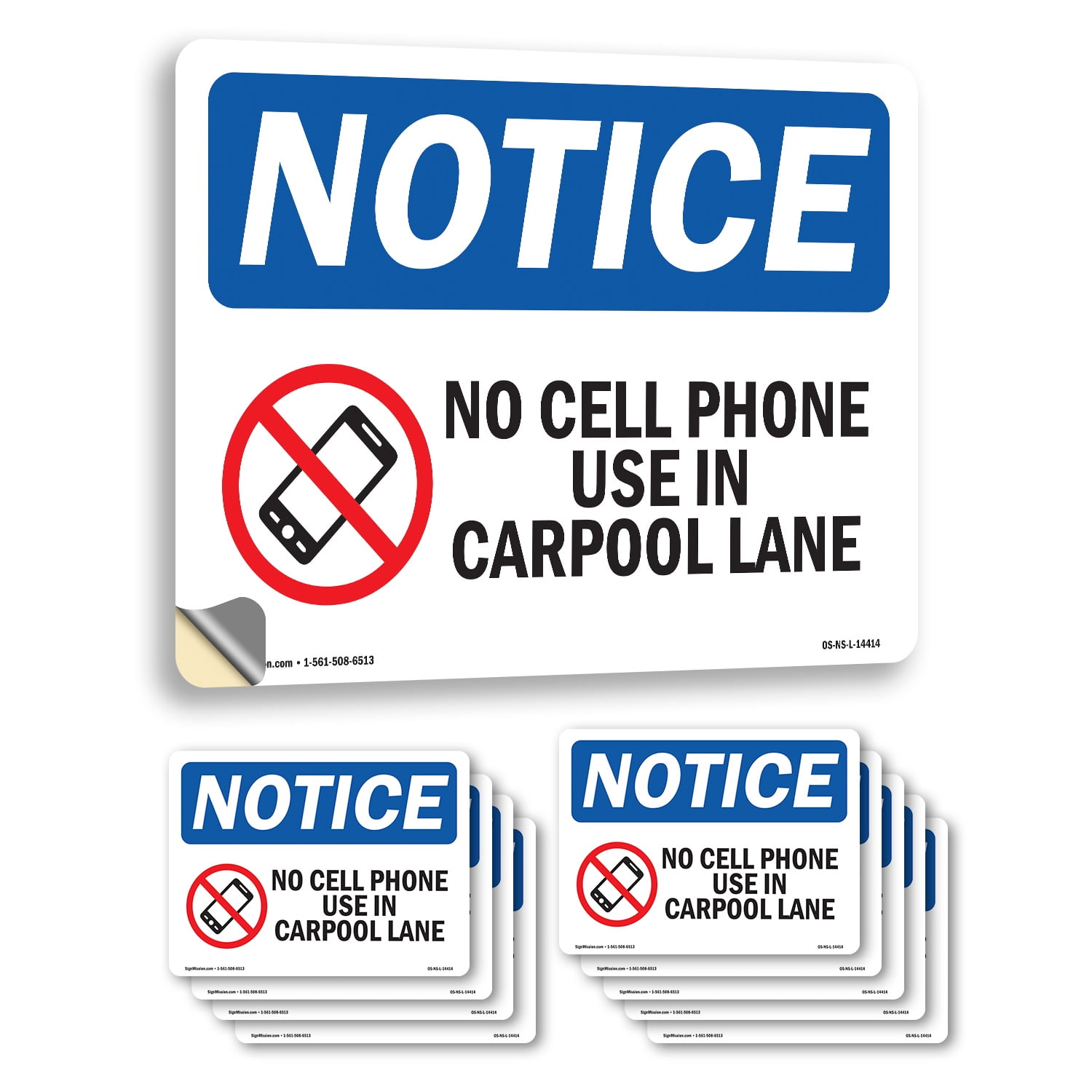 No Cell Phone Use In Carpool Lane With Symbol OSHA Notice Vinyl Decal ...