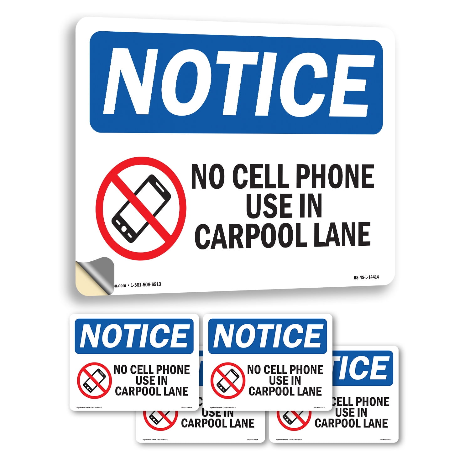 No Cell Phone Use In Carpool Lane With Symbol OSHA Notice Vinyl Decal ...