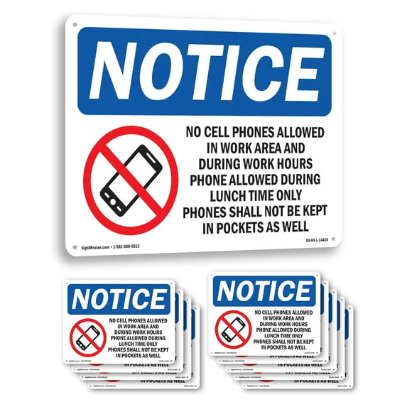 No Cell Phones Allowed In Work OSHA Notice Rigid Plastic Sign 14 Inch x ...