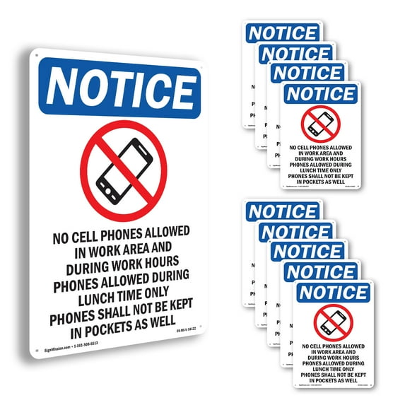 No Cell Phones Allowed OSHA Notice Aluminum Sign 18 Inch x 12 Inch - 10 ...