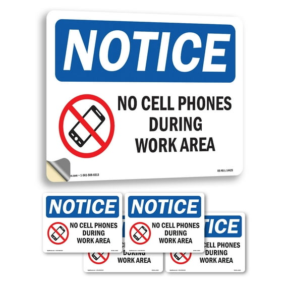 No Cell Phones During Work Hours With Symbol OSHA Notice Vinyl Decal ...