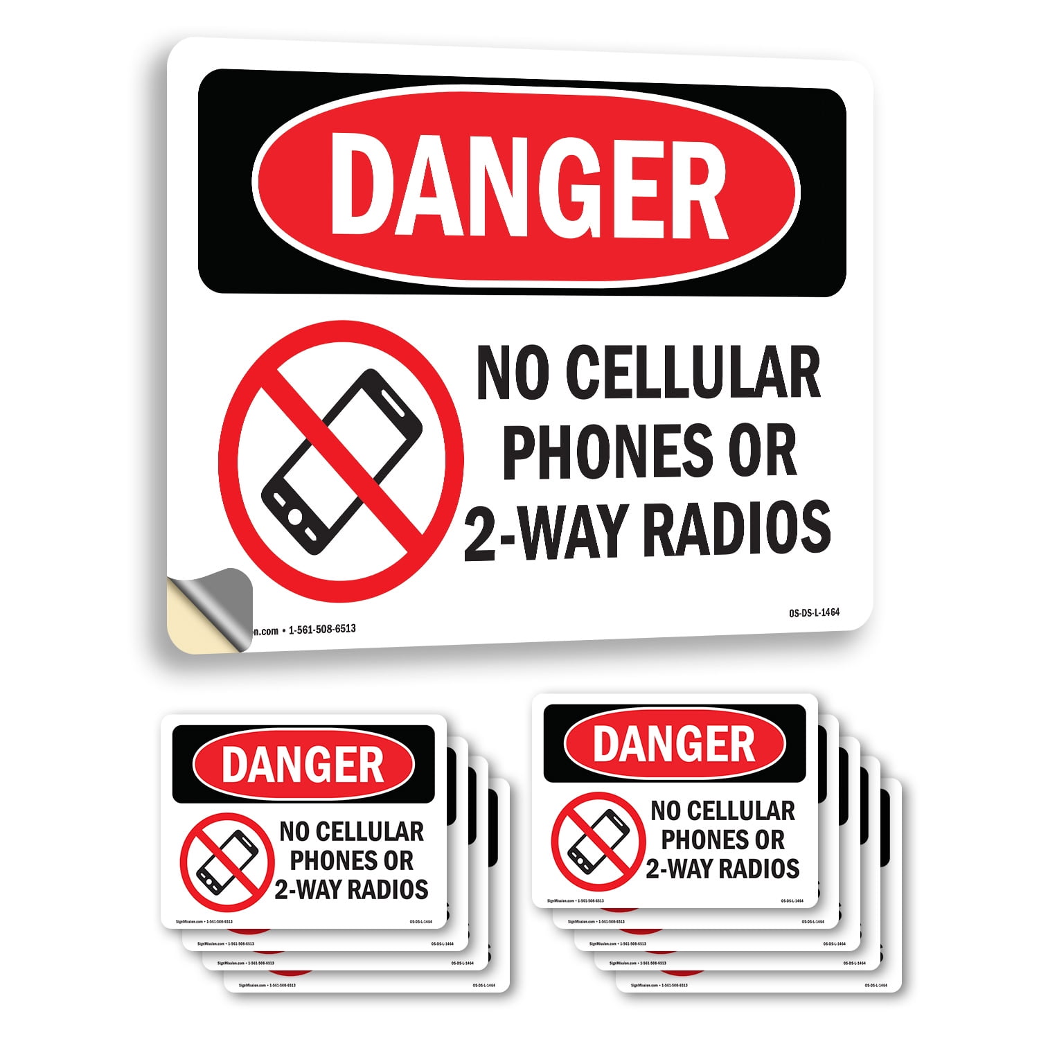 No Cellular Phones Or 2 OSHA Danger Vinyl Decal Label 10 Inch x 7 Inch ...