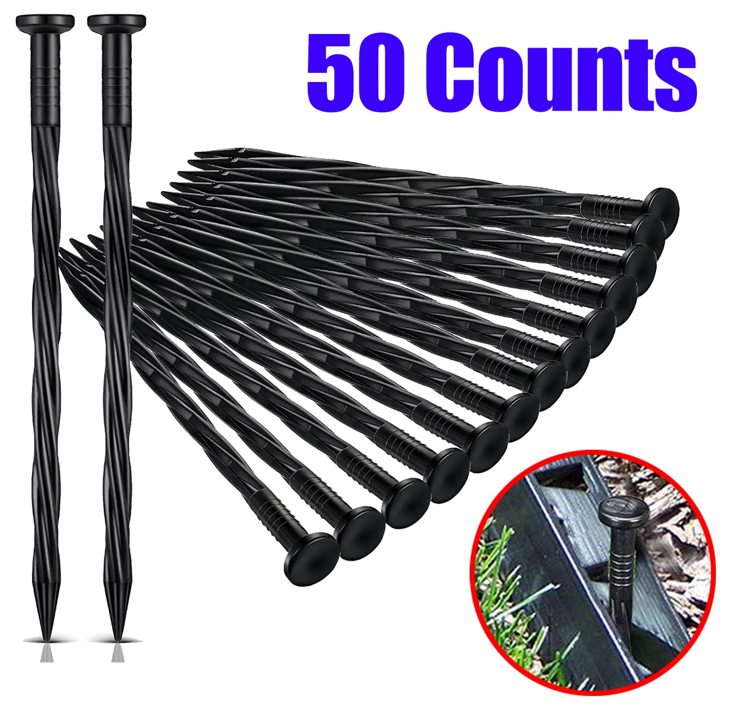 No Dig Landscape Spikes - 50 Plastic Black Spiral Stakes for Secure ...