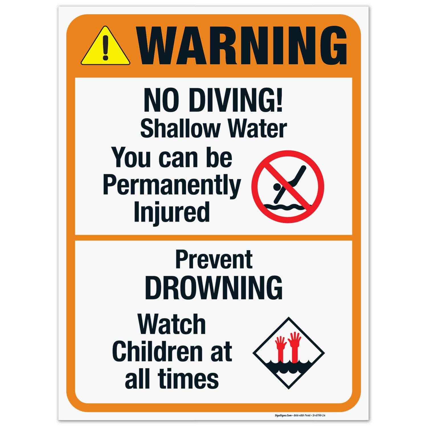 No Diving Shallow Water Sign, Pool Sign, - Walmart.com