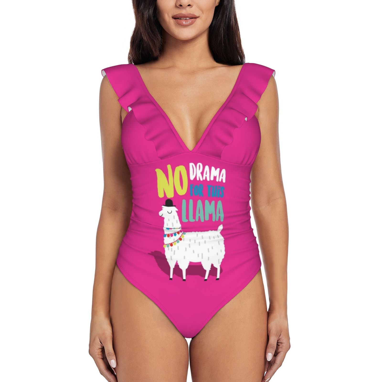 No Drama For This Llama One Shoulder Ruffle Swimsuit One-Piece Beach Bathing Suit Print Sexy ...