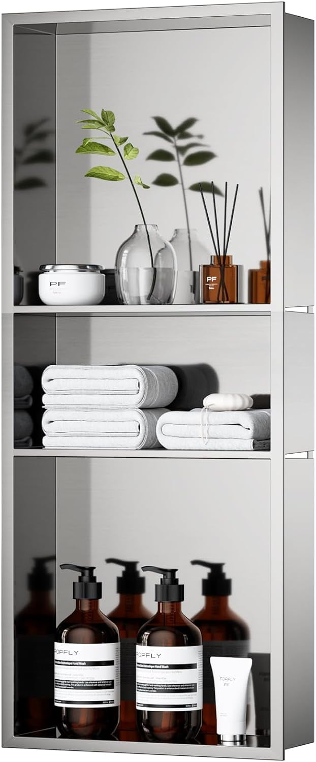 No Drill Brushed Shower Niche 12"x30", Stainless Steel Recessed 3-Layer ...