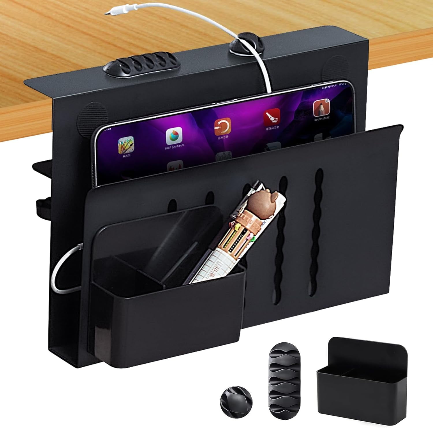 No Drill Desk Side Storage with Magnetic Pen Holder and 2 Wire Clamp ...