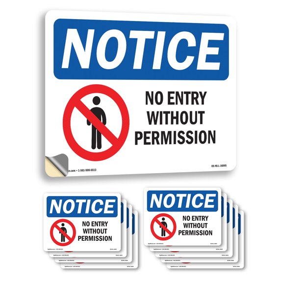 No Entry Without Permission OSHA Notice Vinyl Decal Label 14 Inch x 10 ...