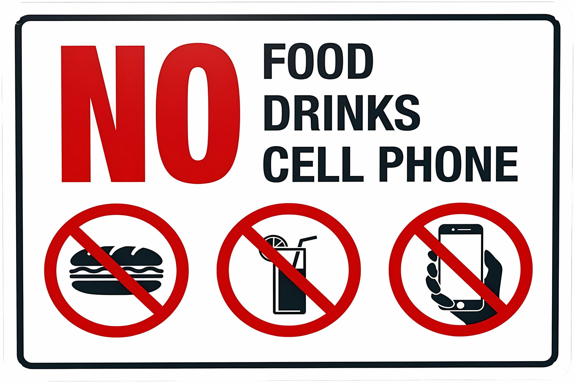 No Food Drinks Or Cell Phone Warning Sign - 8"x12" Metal Security Decor ...
