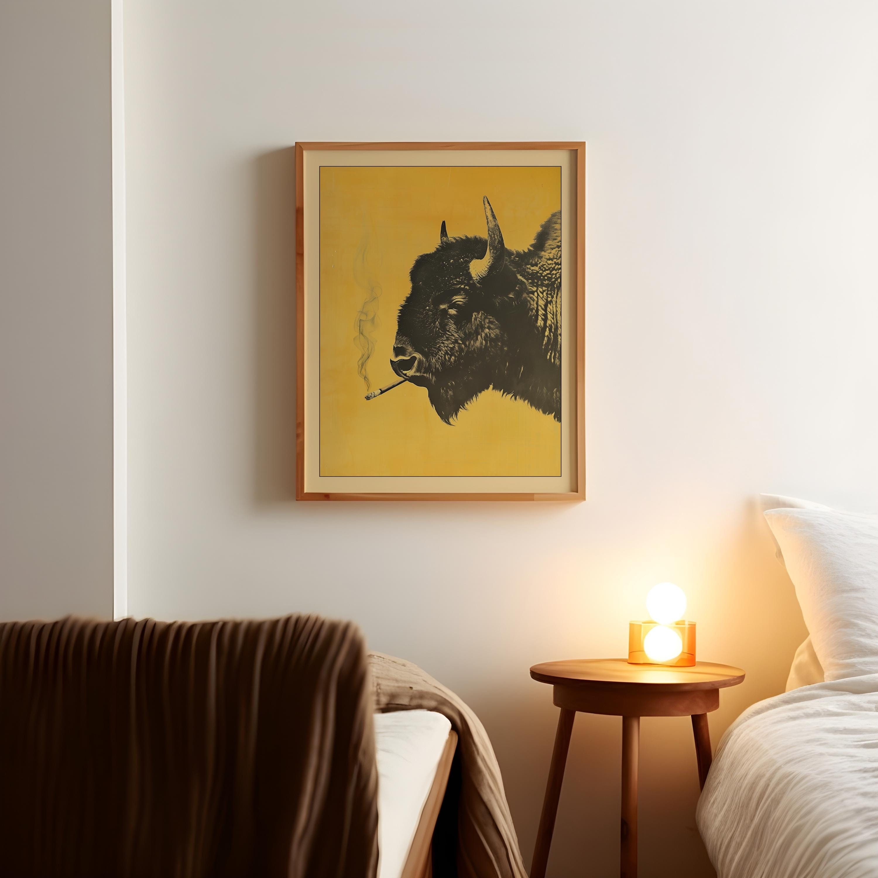 No Frame Bison Smoking a Cigarette Vintage Poster Art Funny Buffalo ...