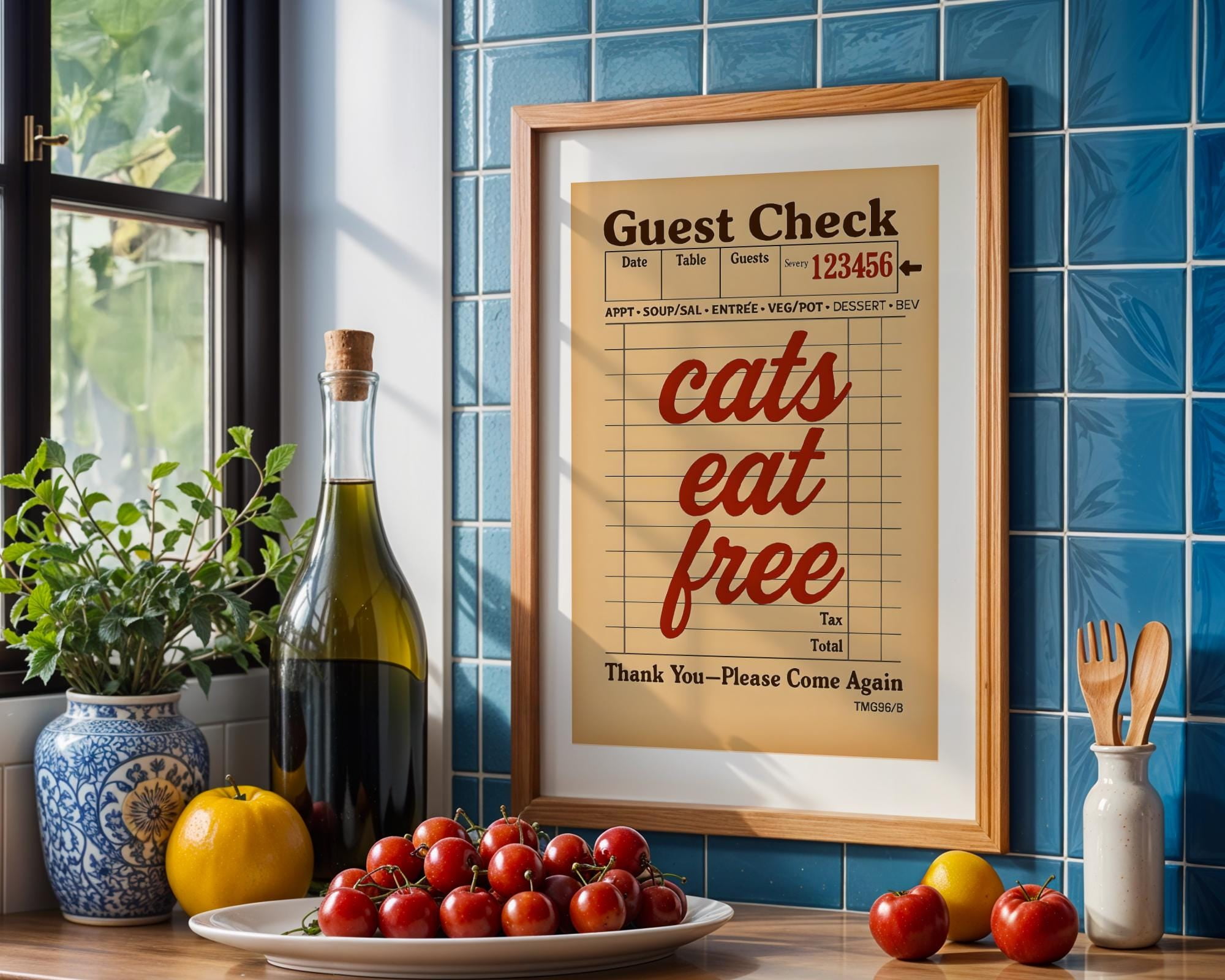 No Frame Cats Eat Free Guest Check Wall Art, Cat Themed Kitchen Decor ...