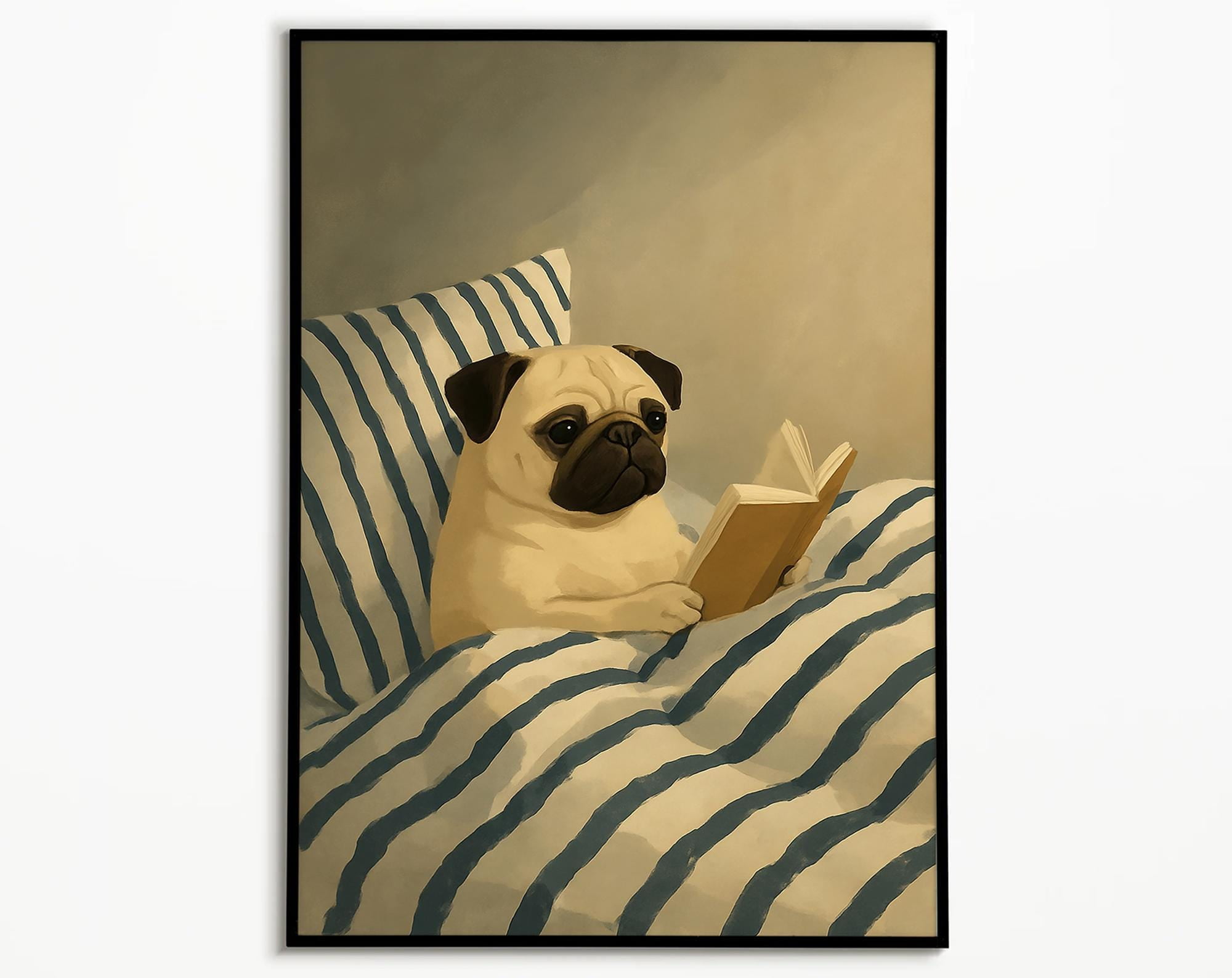 No Frame Cozy Pug Reading in Bed Poster – Cute Dog Art for Pet Lovers ...