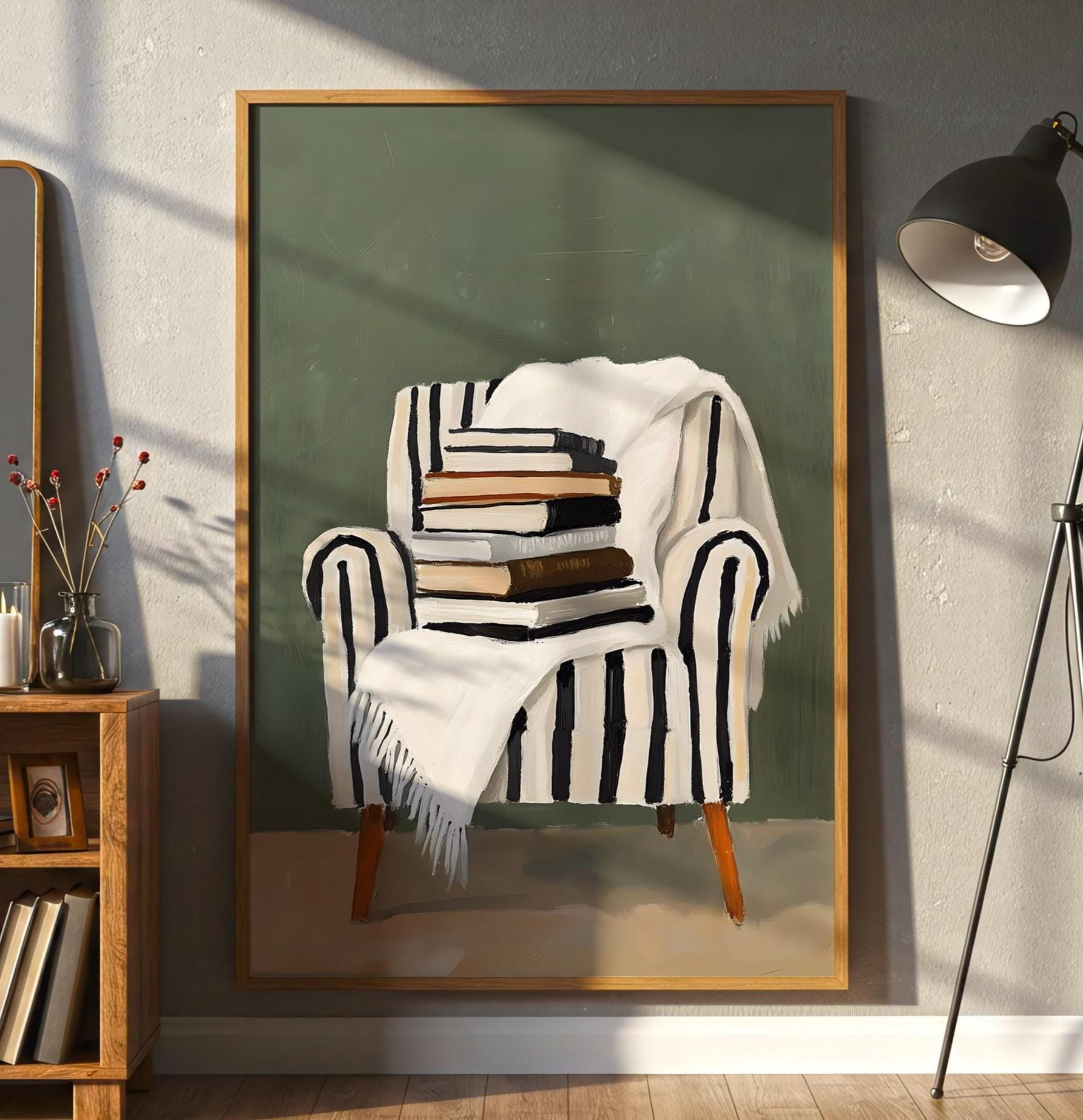 (No Frame) Cozy Reading Nook Poster, Stack of Books on Chair Print ...