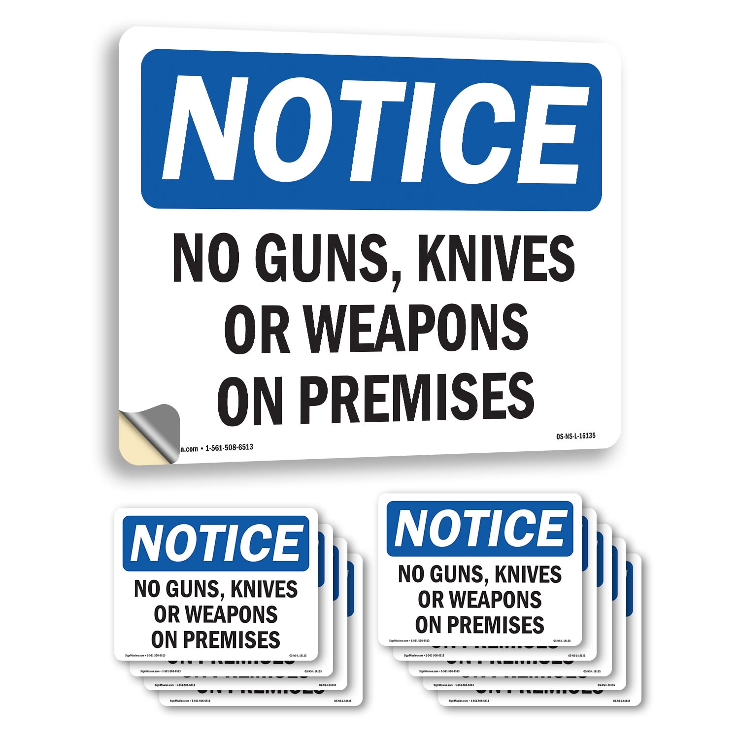 No Guns Knives Or Weapons On Premises OSHA Notice Vinyl Decal Label 14 ...