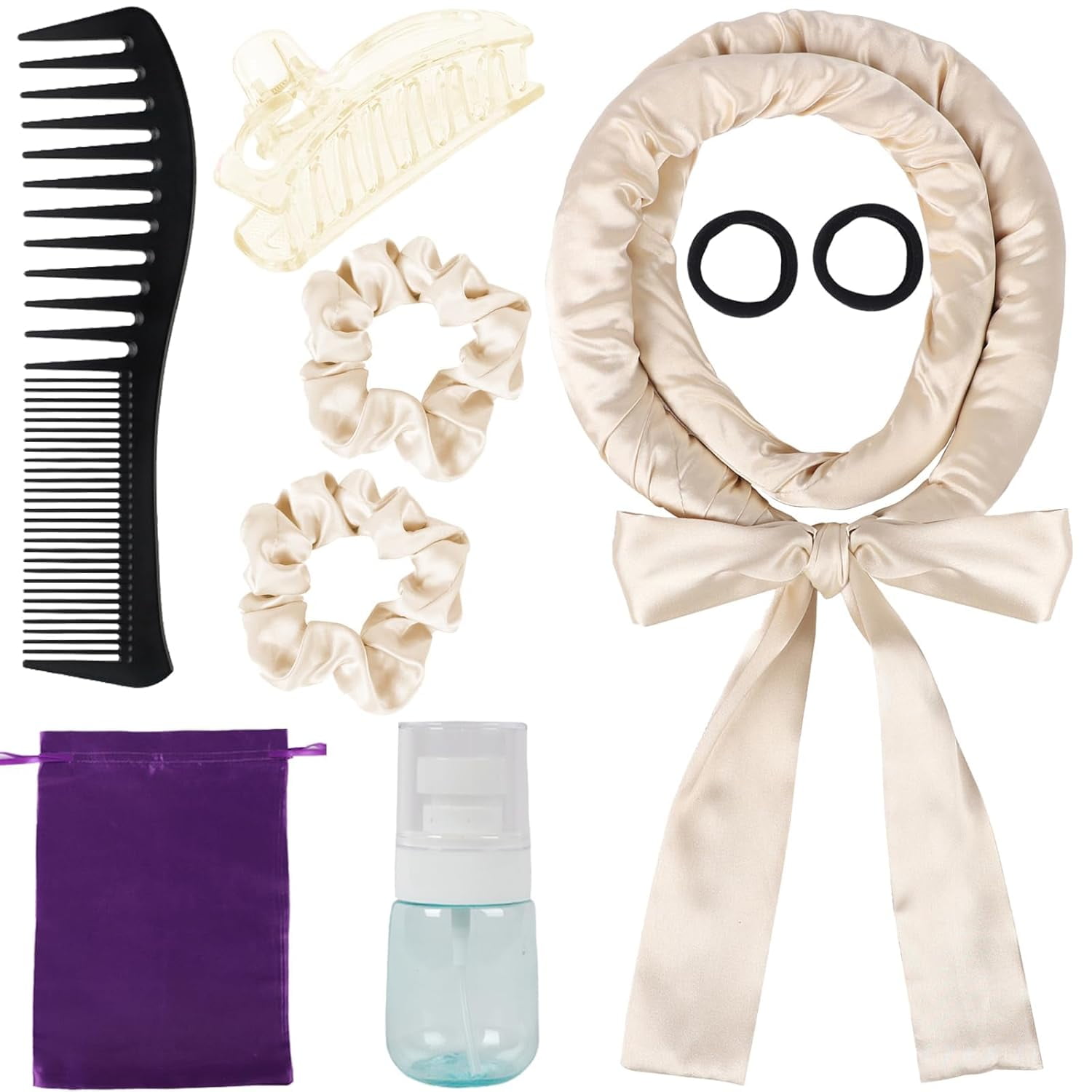No Heat Overnight Hair Curling Headband and Satin Ribbon Set for Long ...