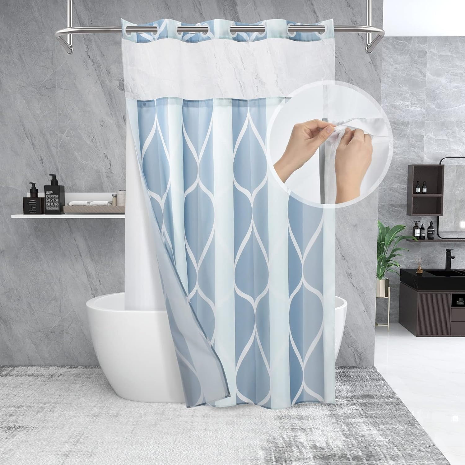 No Hook Dark Blue Stall Shower Curtain with Snap-in Fabric Liner Set - Hotel Style with See ...