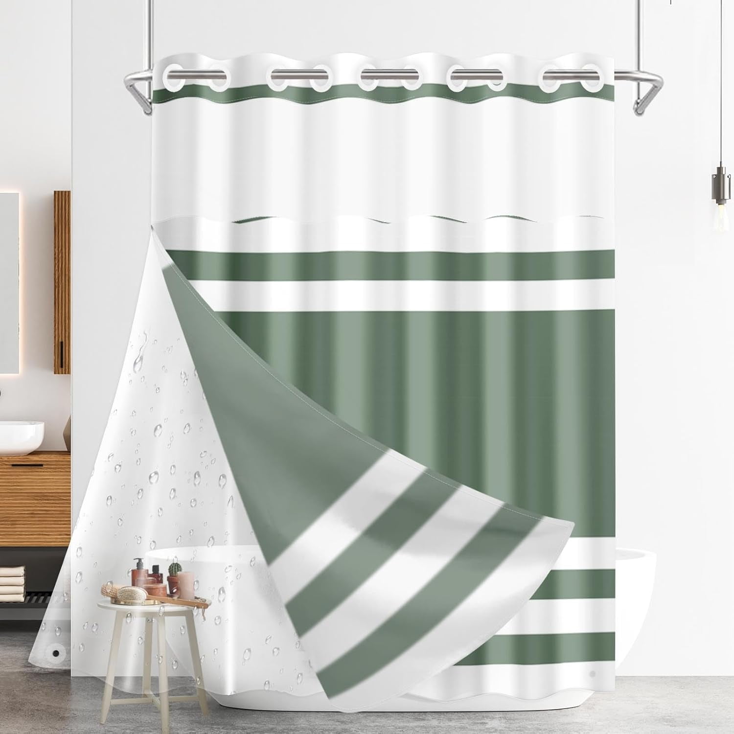 No Hook Green Shower Curtain with Snap-in PEVA Liner Set, Waffle Weave Striped Pieced Hotel ...