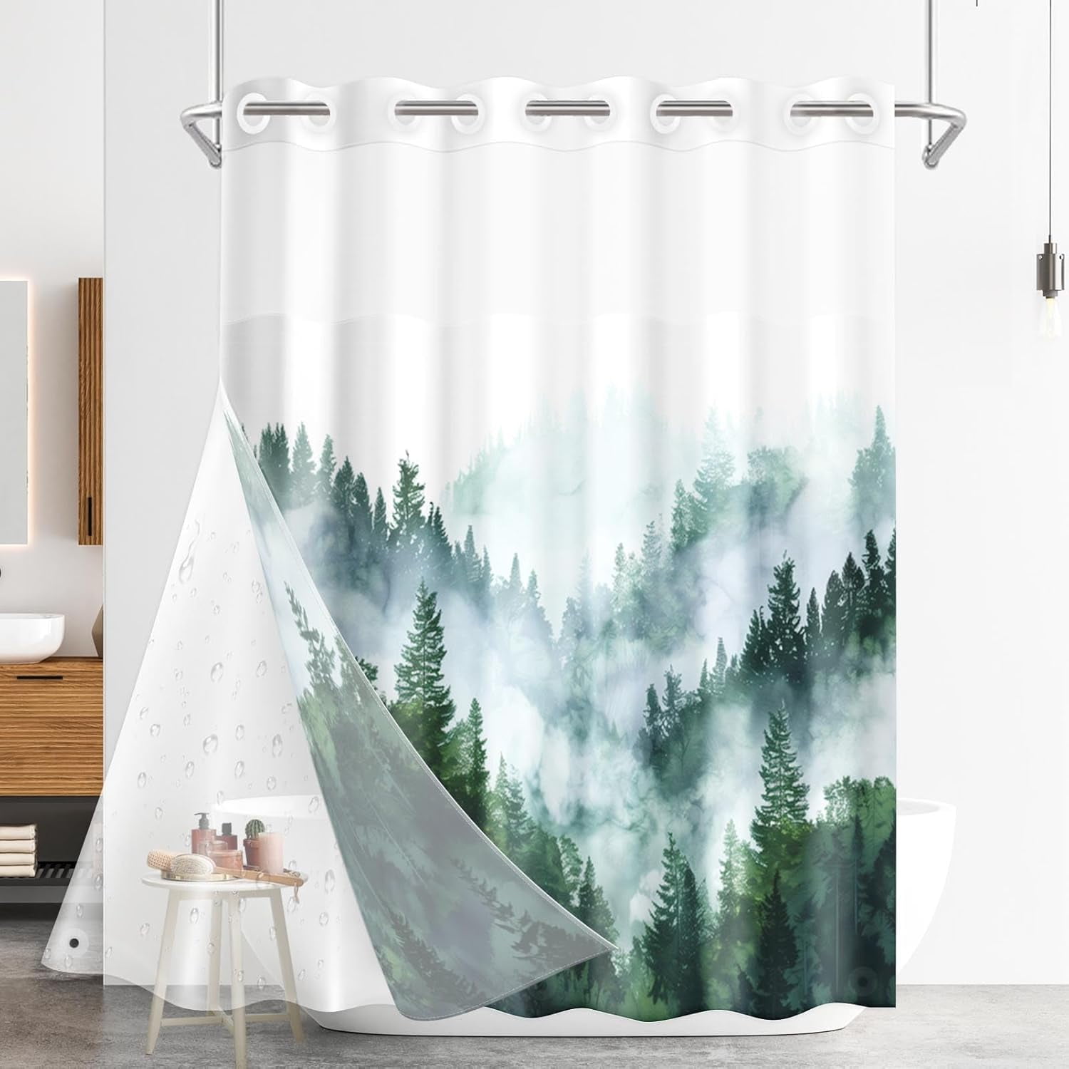 No Hook Misty Forest Ombre Sage Green Nature Tree Mountain Hotel Style Shower Curtain with Snap ...