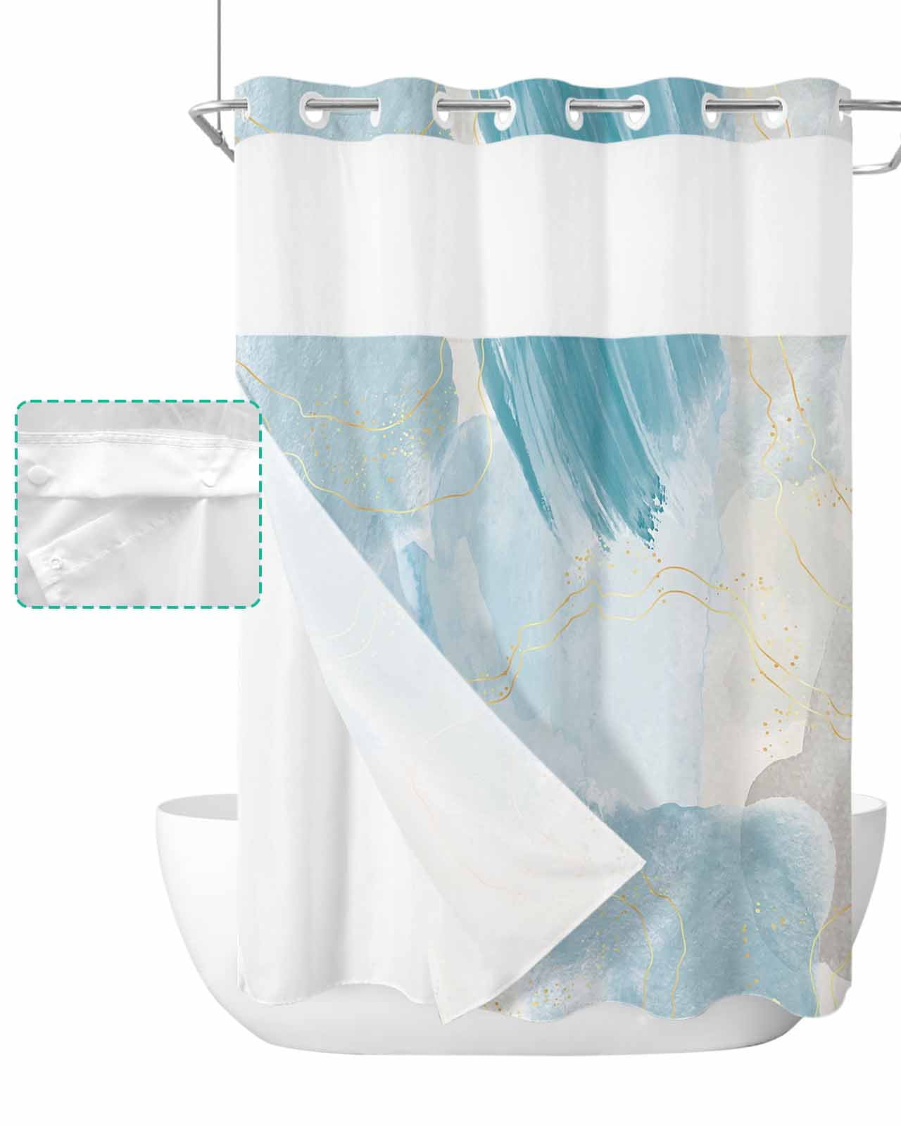 No Hook Shower Curtain with Snap in Liner, Abstract Ombre Blue Marble Texture with Golden Line ...