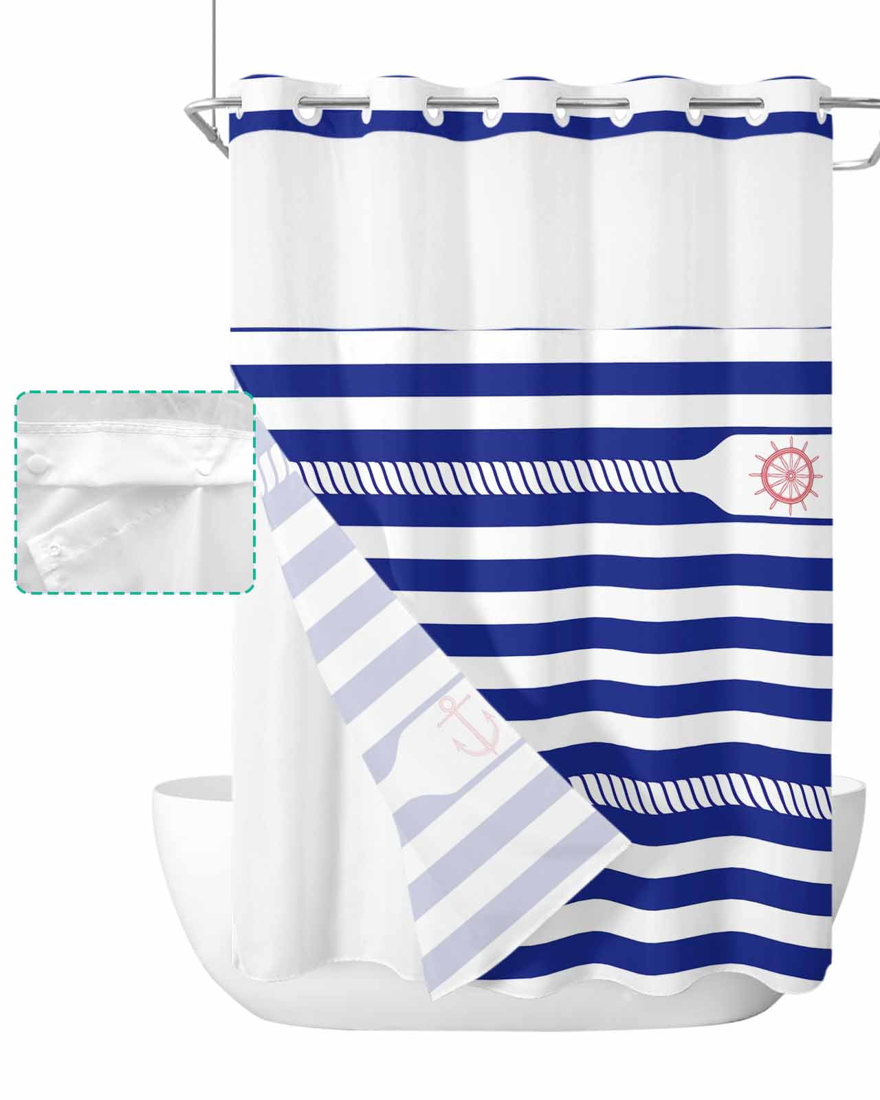 No Hook Shower Curtain with Snap in Liner, Anchor Rope and Steering ...