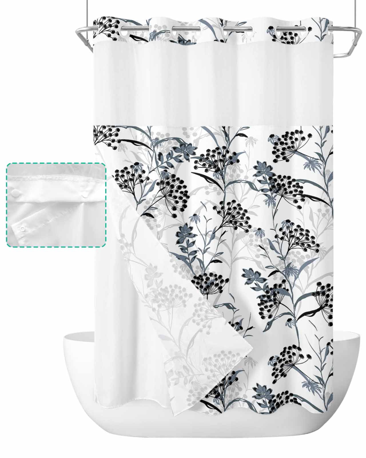 No Hook Shower Curtain with Snap in Liner, Black Grey Plant and Fruits ...