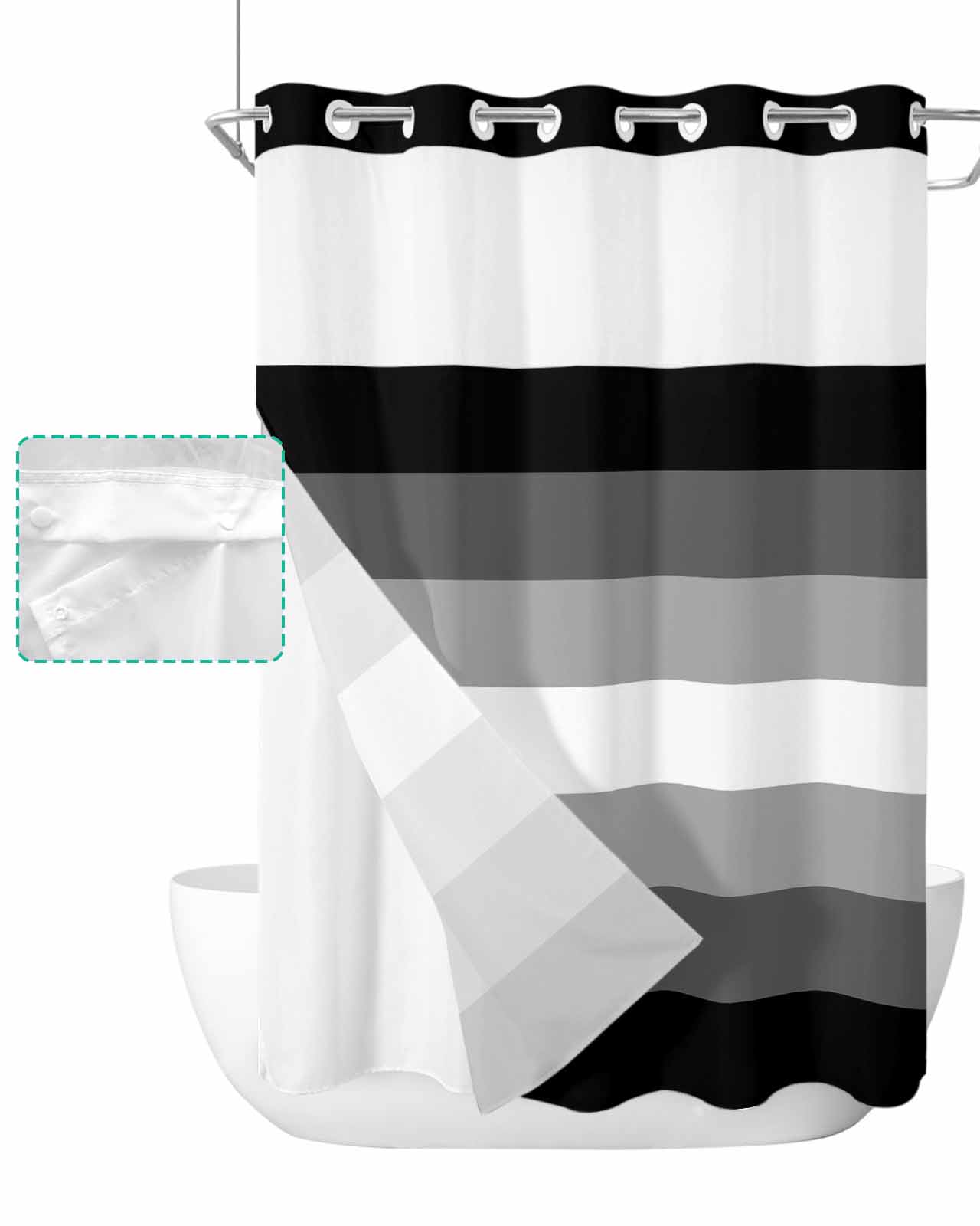 No Hook Shower Curtain with Snap in Liner, Black White Ombre Stripe Hotel Shower Curtains for ...