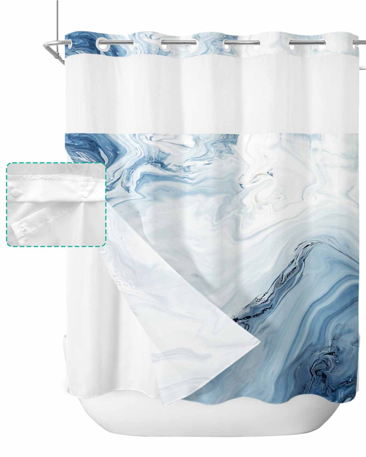 No Hook Shower Curtain with Snap in Liner, Blue Marble Modern Abstract Art Marble Hotel Shower ...