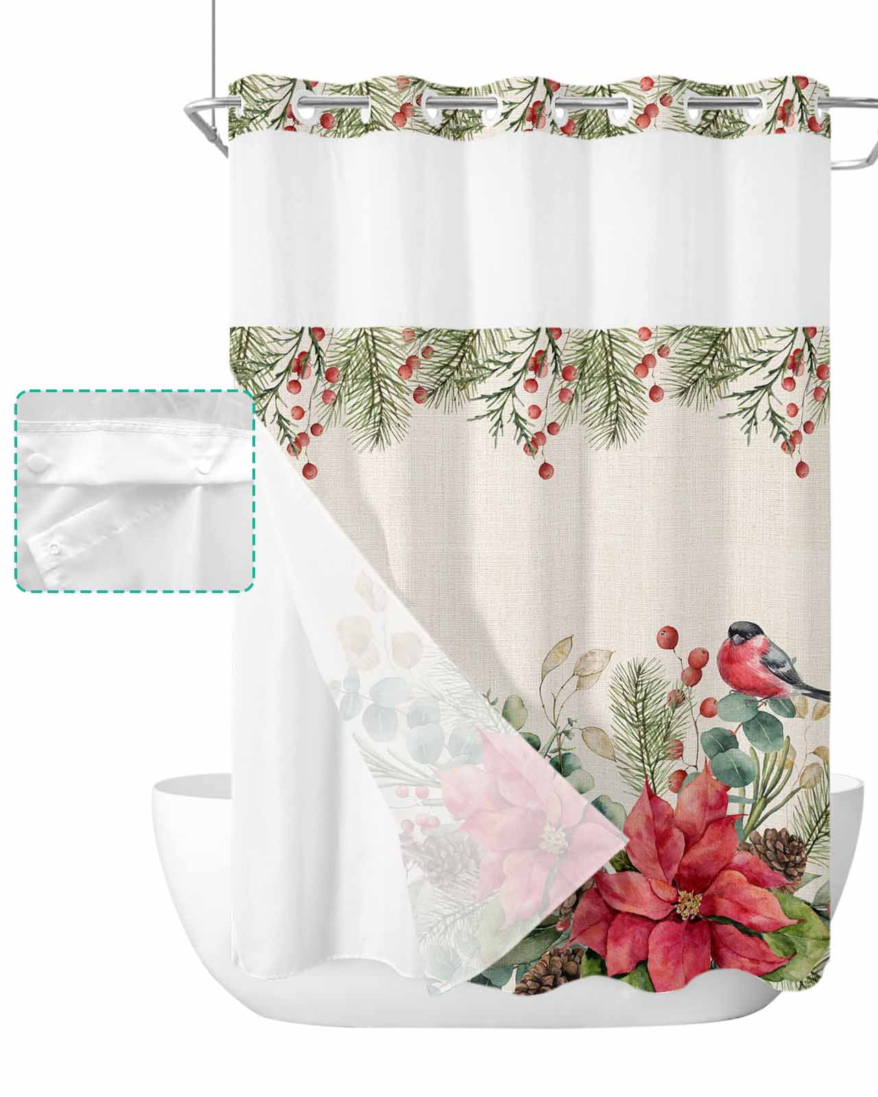 No Hook Shower Curtain with Snap in Liner, Christmas Eucalyptus ...