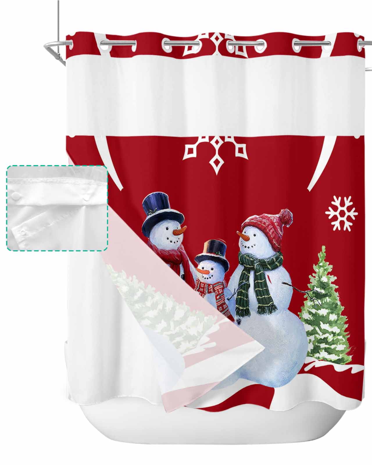 No Hook Shower Curtain with Snap in Liner, Christmas Snowman Xmas Trees ...