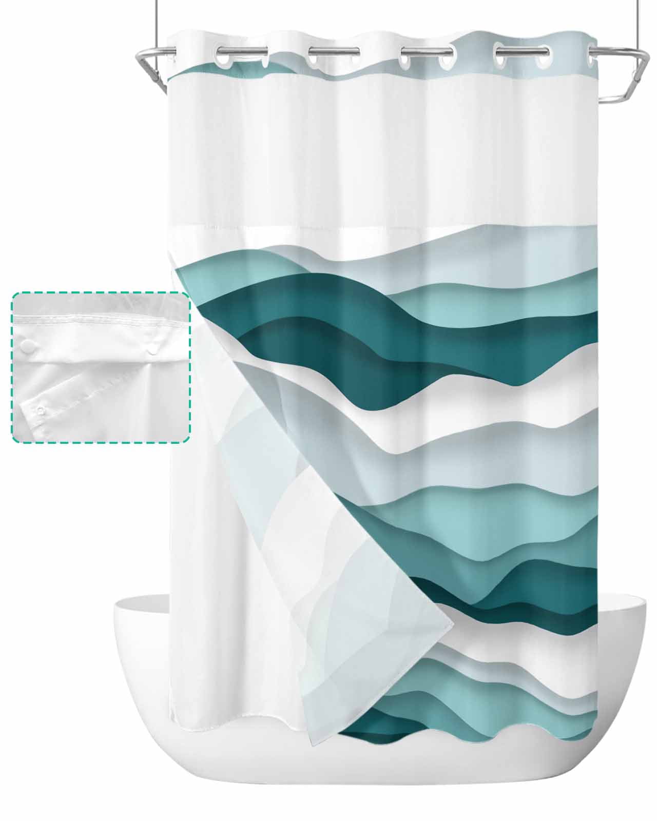 No Hook Shower Curtain with Snap in Liner, Gradient Ocean Waves Turquoise Teal Gradient Waves ...