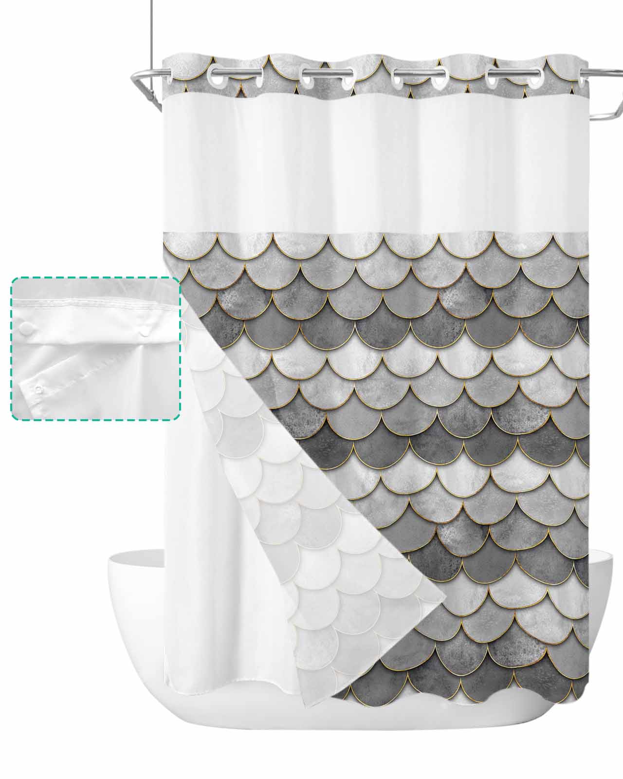 No Hook Shower Curtain with Snap in Liner Gray Ombre Fish Scale Shower ...