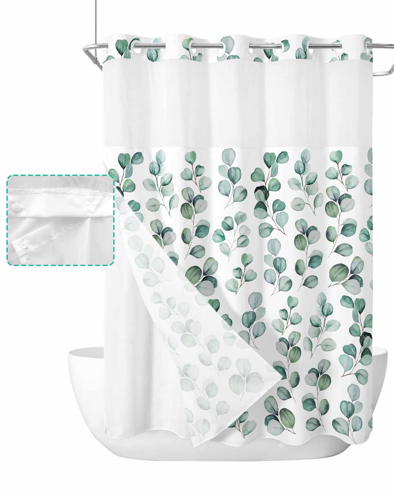 No Hook Shower Curtain with Snap in Liner Green Eucalyptus Leaves ...