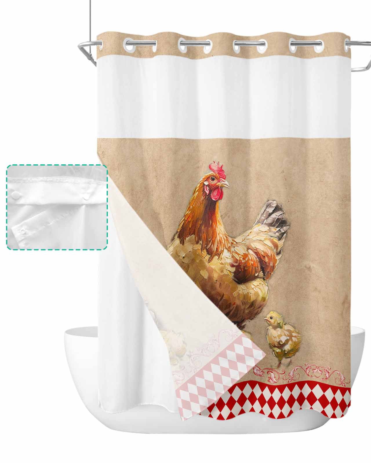 No Hook Shower Curtain with Snap in Liner, Hen and Chick Farmhouse ...