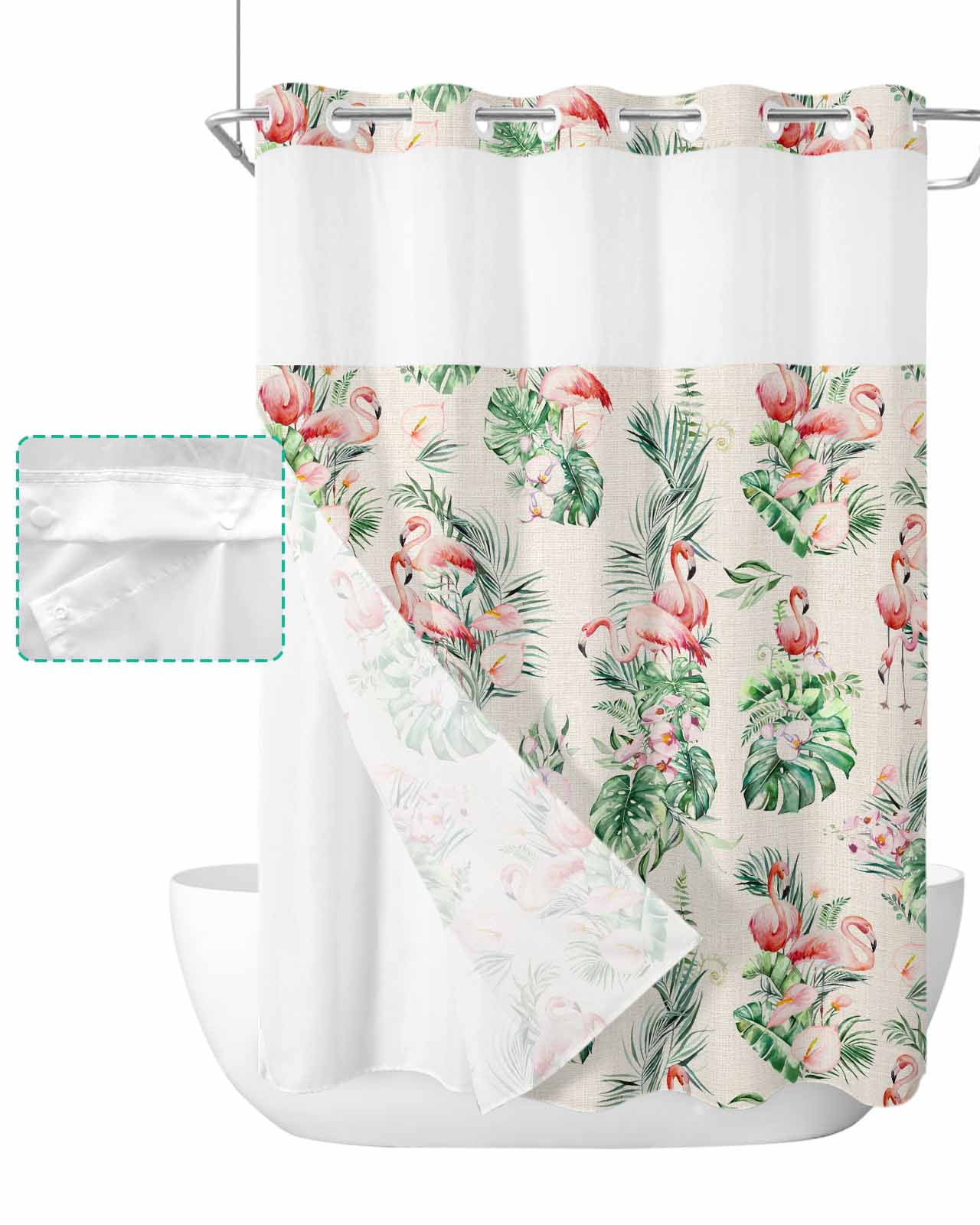 No Hook Shower Curtain with Snap in Liner, Linen Flamingo Tropical ...