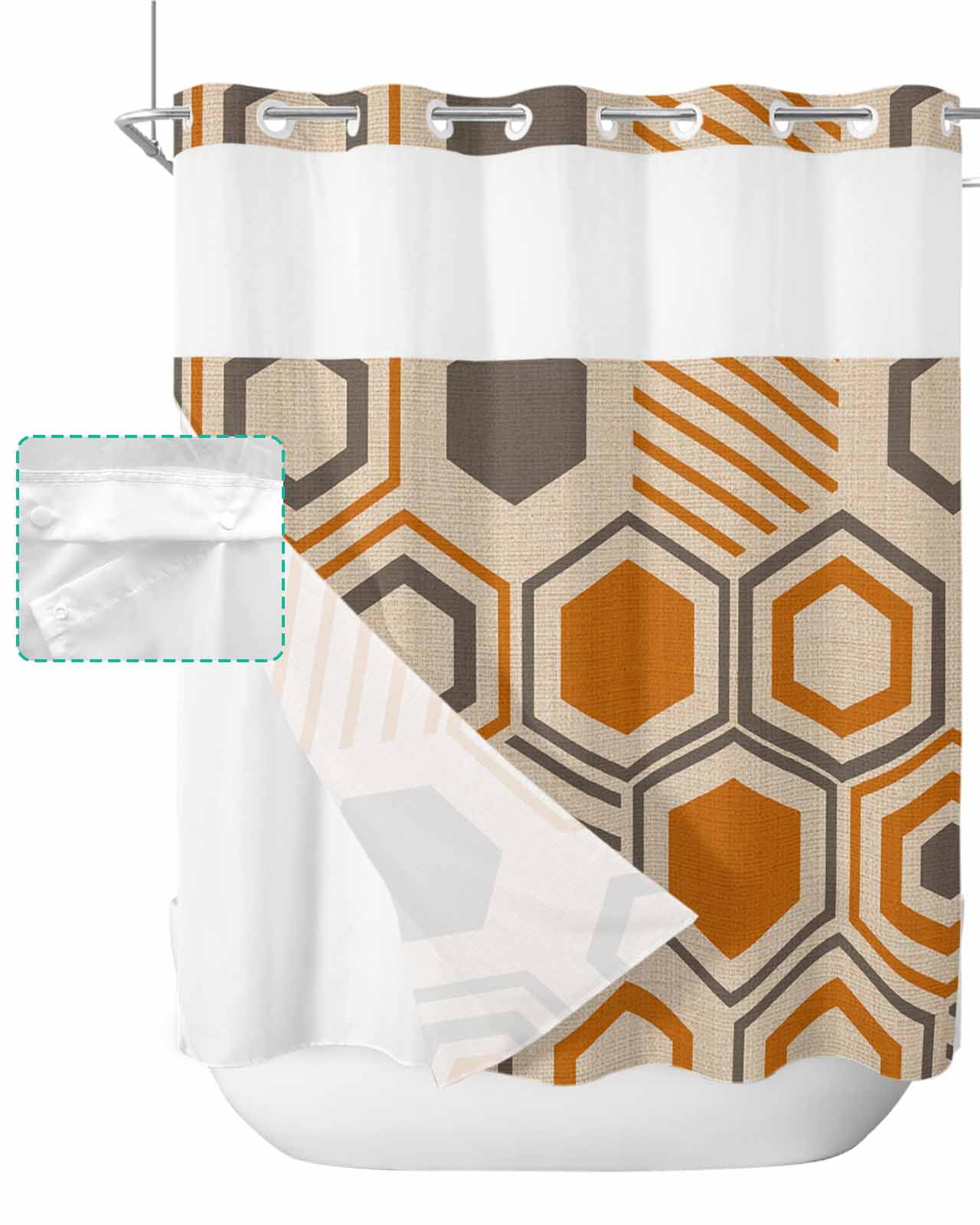 No Hook Shower Curtain with Snap in Liner, Minimalist Geometric Pattern ...