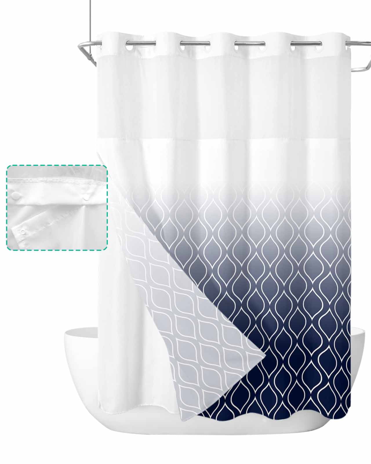 No Hook Shower Curtain with Snap in Liner, Navy Blue White Ombre Geometric Trellis Morrocan ...