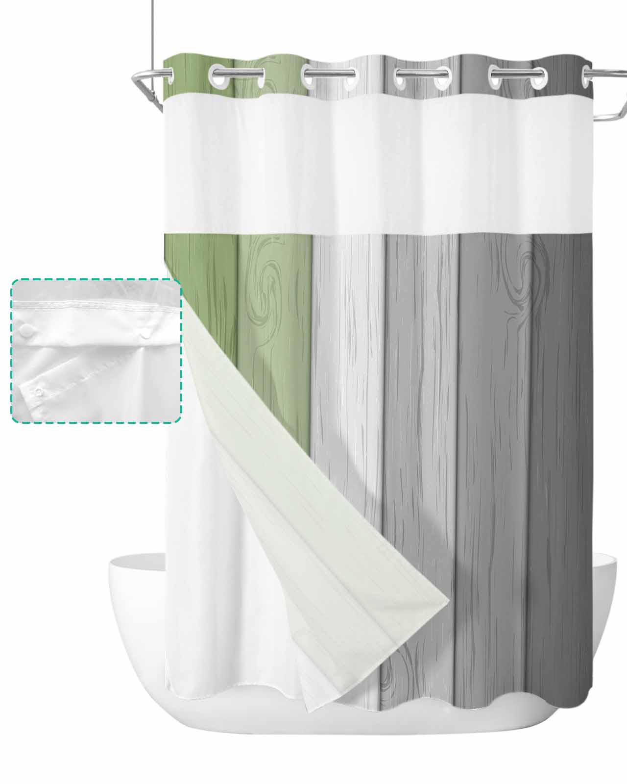 No Hook Shower Curtain with Snap in Liner Retro Farmhouse Sage Green ...