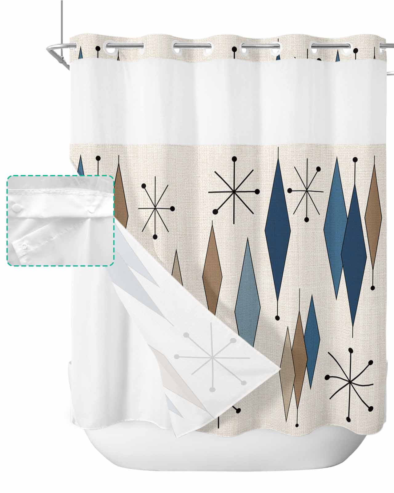 No Hook Shower Curtain with Snap in Liner, Retro Mid-Century Geometric Blue Brown Grey Diamond ...