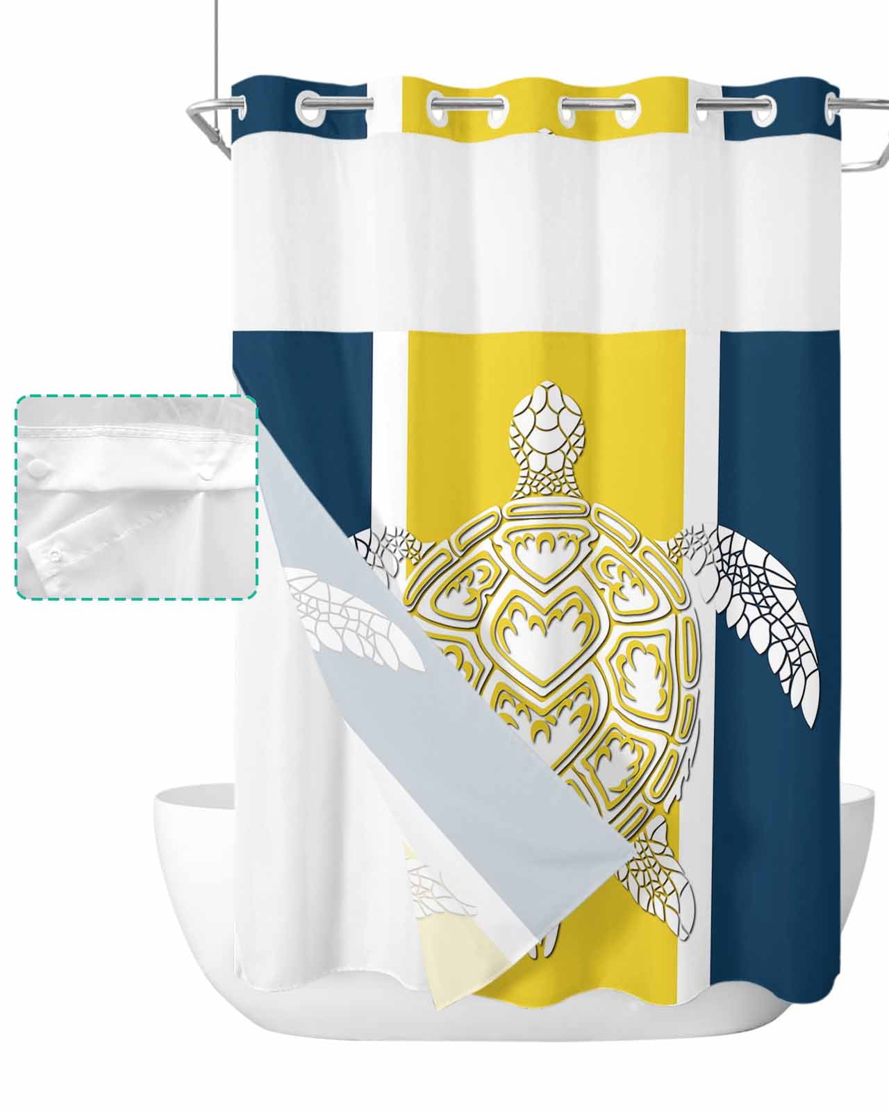 No Hook Shower Curtain with Snap in Liner, Sea Turtle Yellow Blue ...