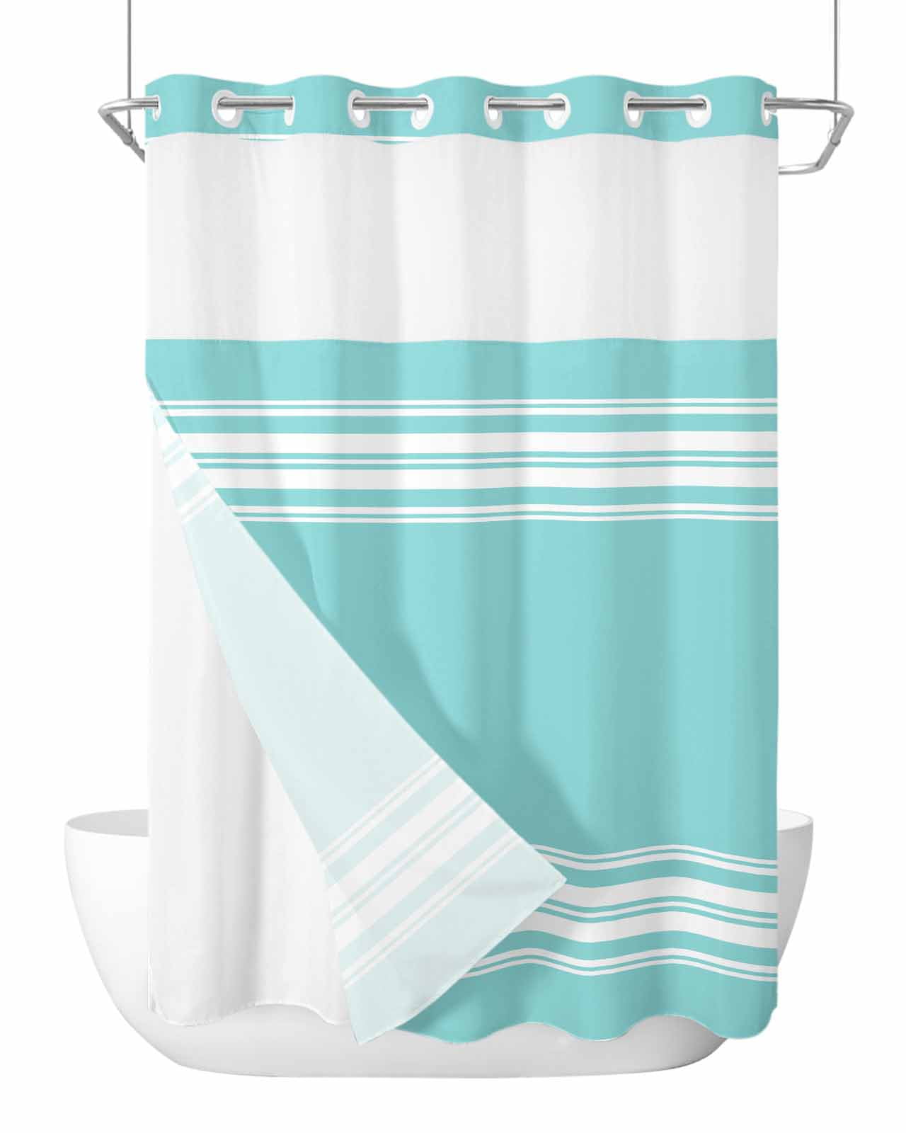 No Hook Shower Curtain and Snap in Liner Set, Aqua White Striped Fabric Bathroom Stall Shower ...