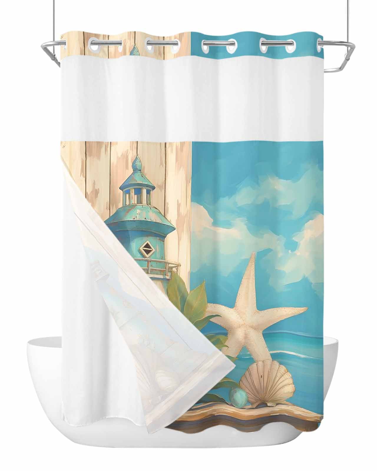 No Hook Shower Curtain and Snap in Liner Set, Blue Coastal Long Fabric Bathroom Shower Curtains ...