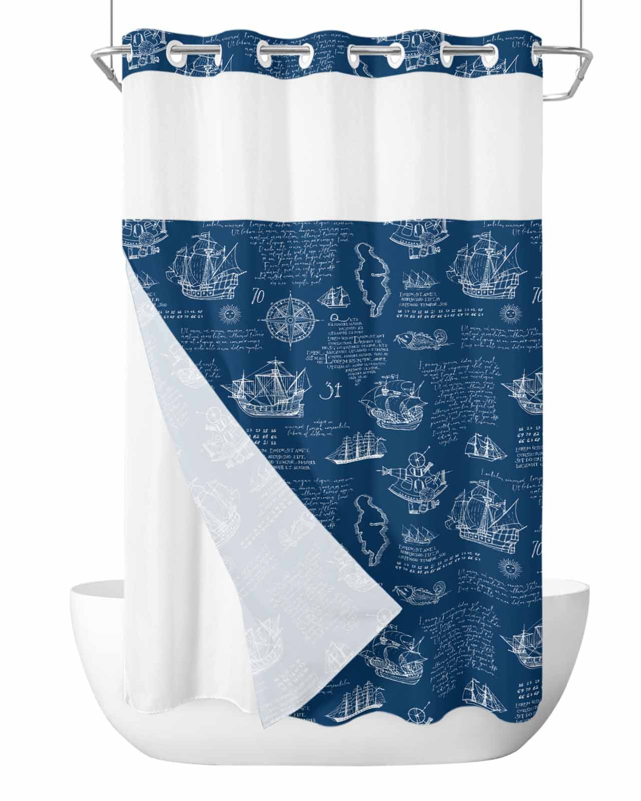 No Hook Shower Curtain and Snap in Liner Set, Blue Nautical Fabric Bathroom Stall Shower ...