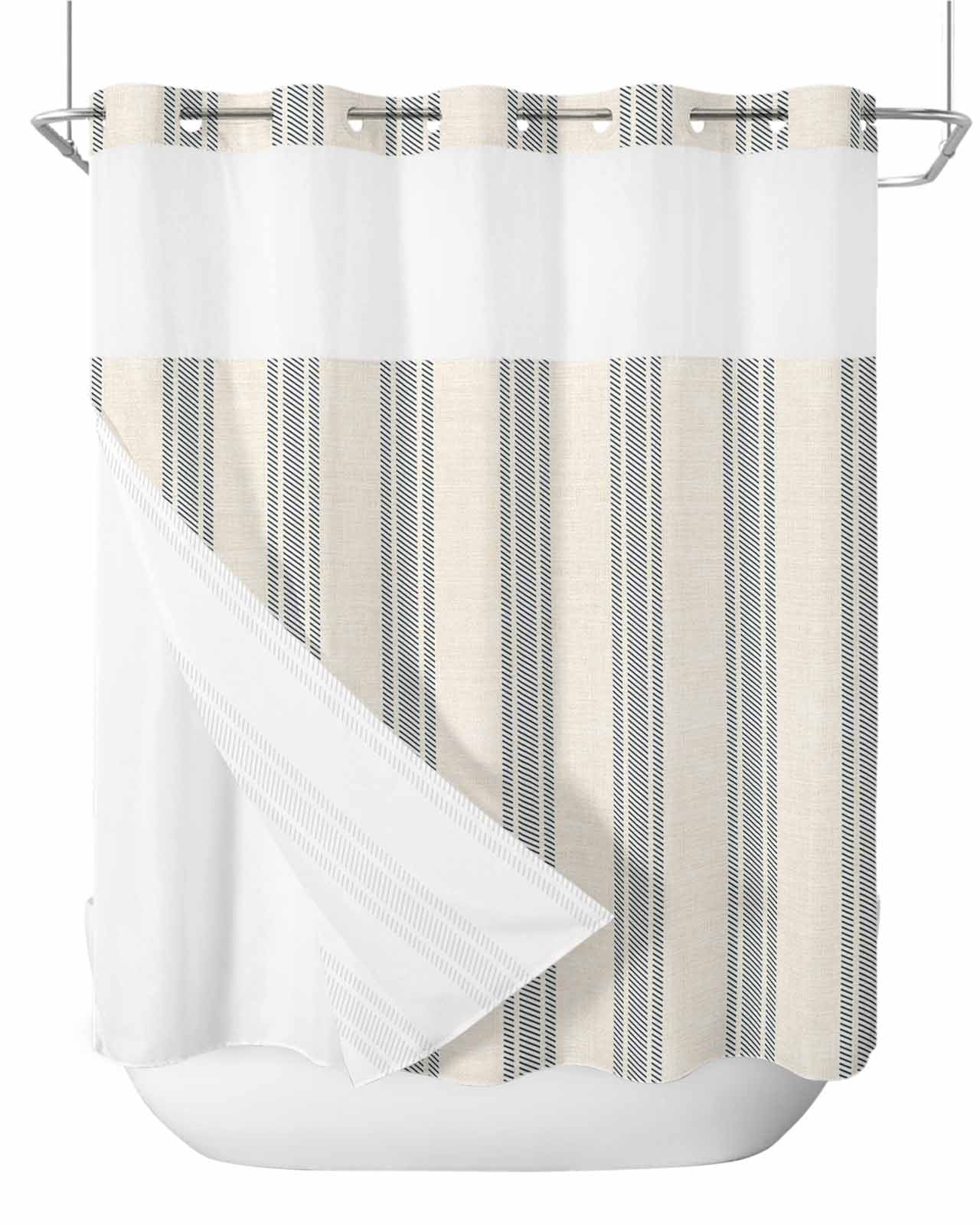 No Hook Shower Curtain and Snap in Liner Set, Blue Striped Fabric ...