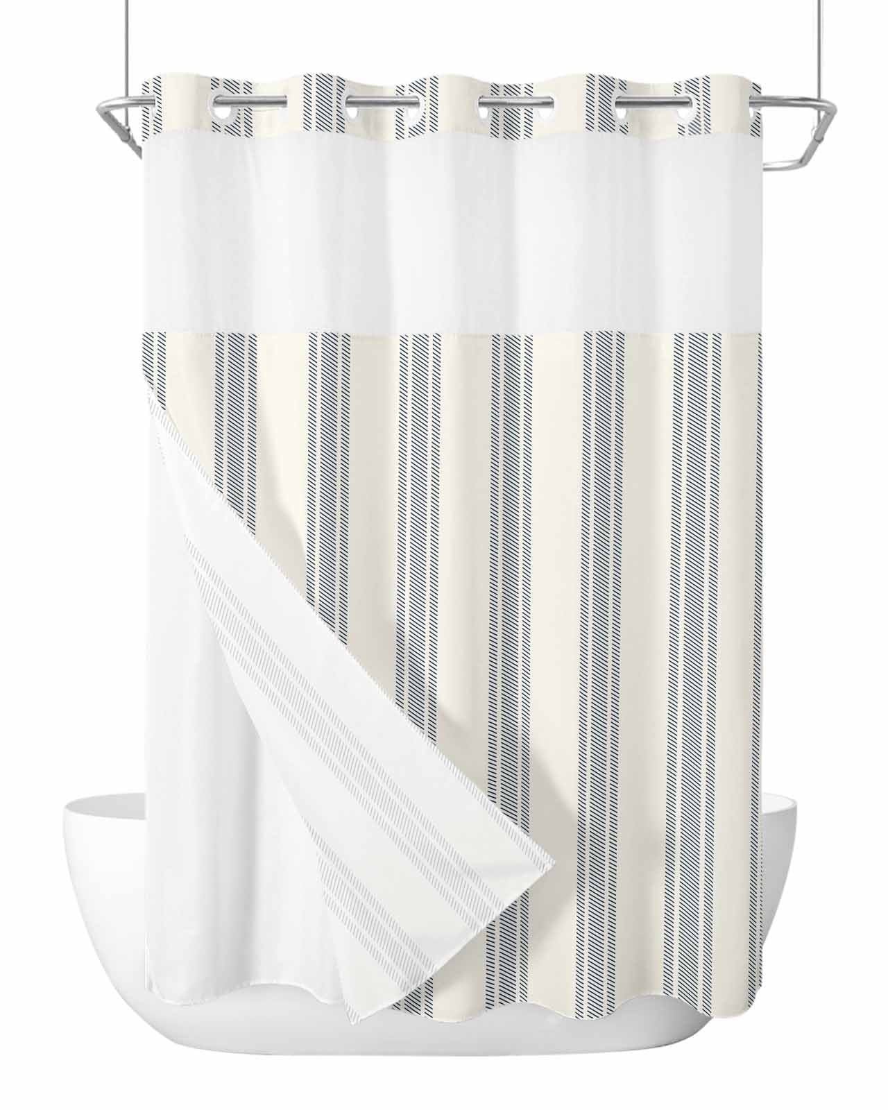 No Hook Shower Curtain and Snap in Liner Set, Blue Striped Long Fabric Bathroom Shower Curtains ...