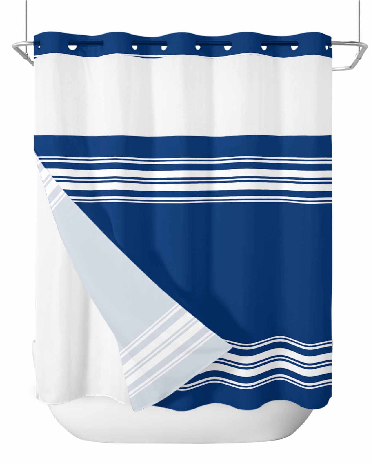 No Hook Shower Curtain and Snap in Liner Set,Blue White Striped Fabric Bathroom Shower Curtains ...