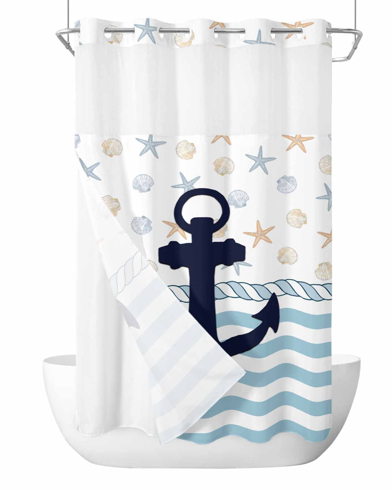 No Hook Shower Curtain and Snap in Liner Set, Coastal Nautical Fabric ...