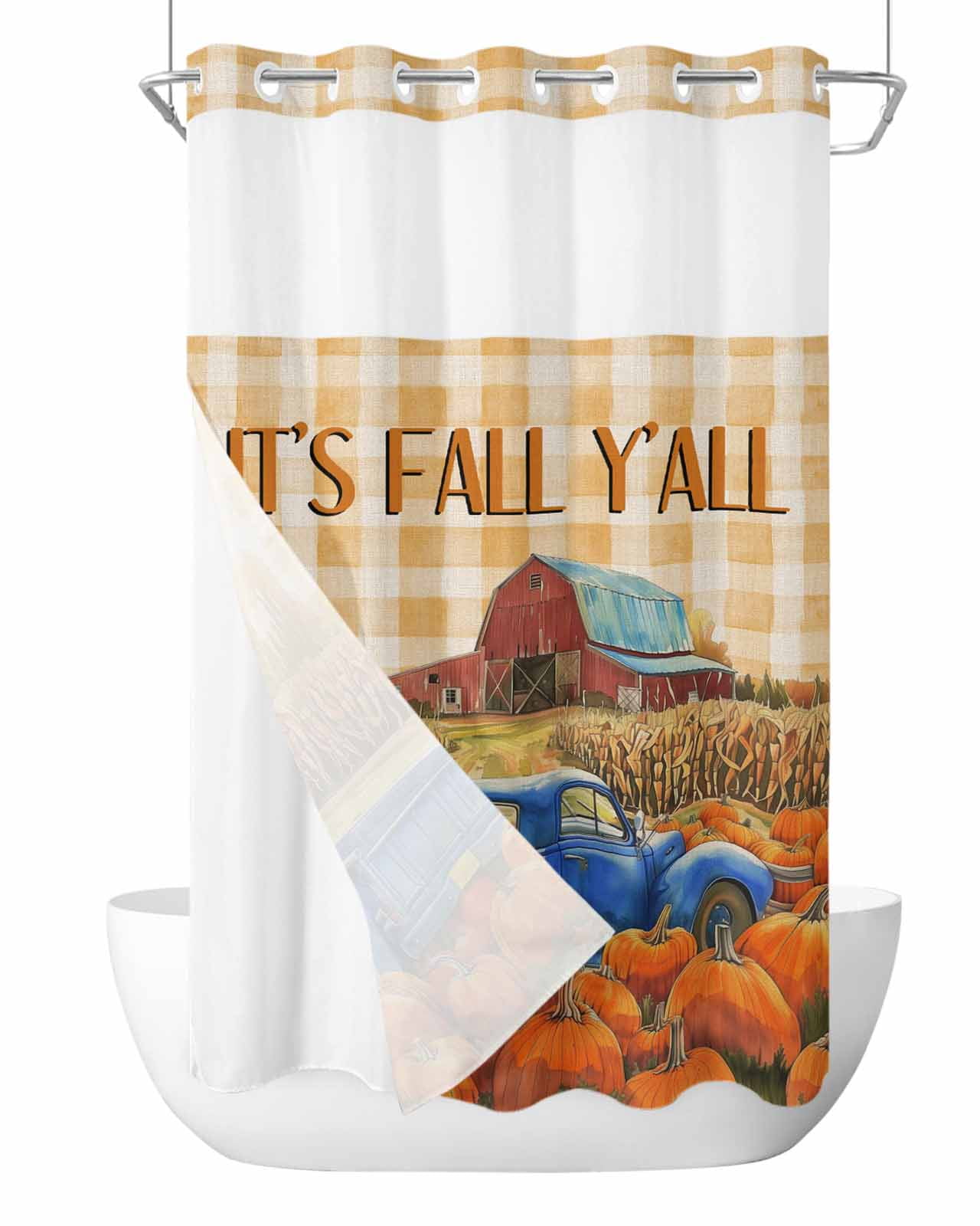 No Hook Shower Curtain and Snap in Liner Set, Farmhouse Fall Fabric ...