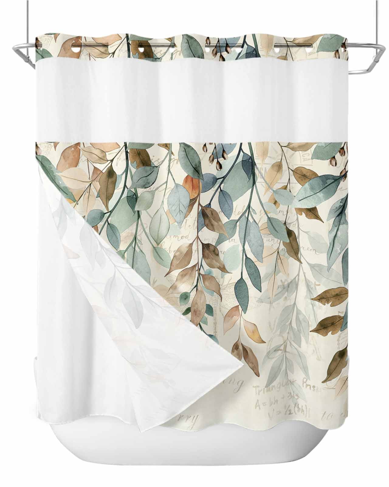 No Hook Shower Curtain and Snap in Liner Set, Green Brown Botanical ...
