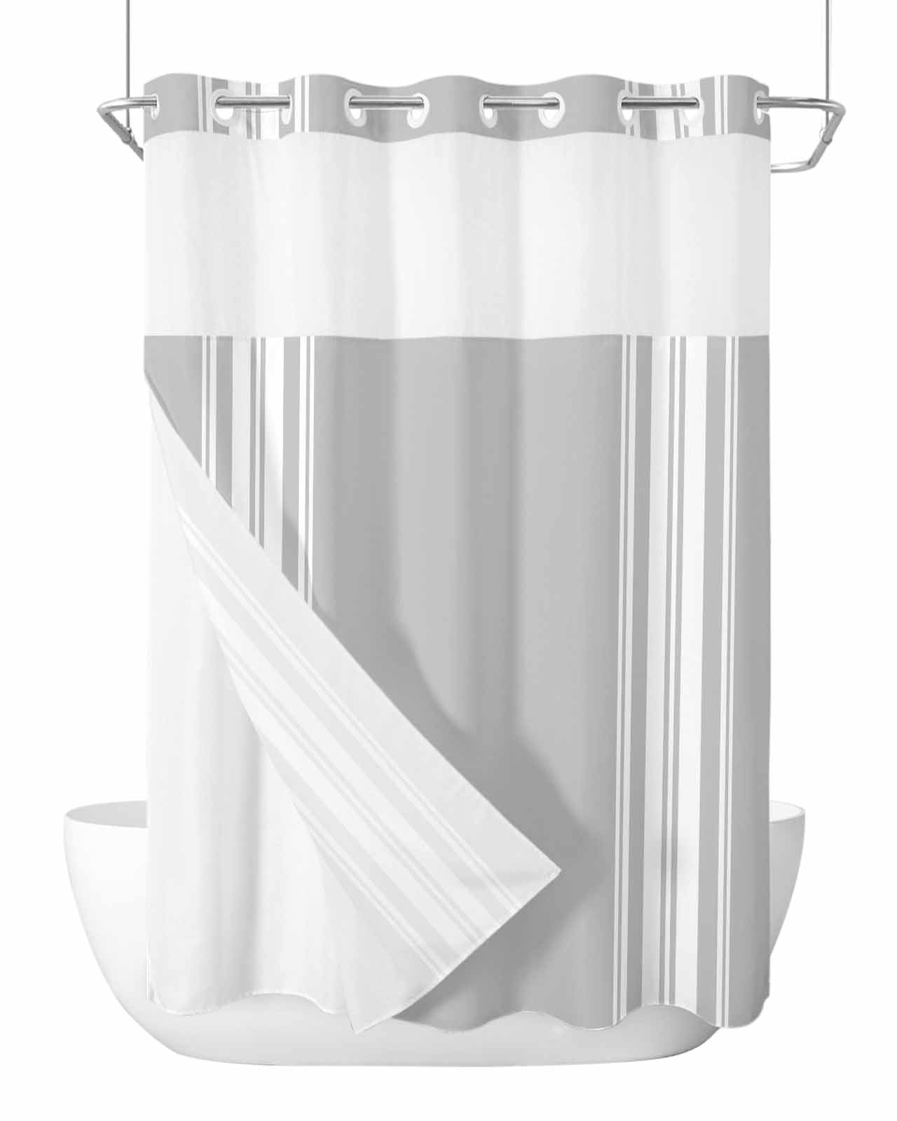 No Hook Shower Curtain and Snap in Liner Set, Grey White Striped Fabric Bathroom Shower Curtains ...
