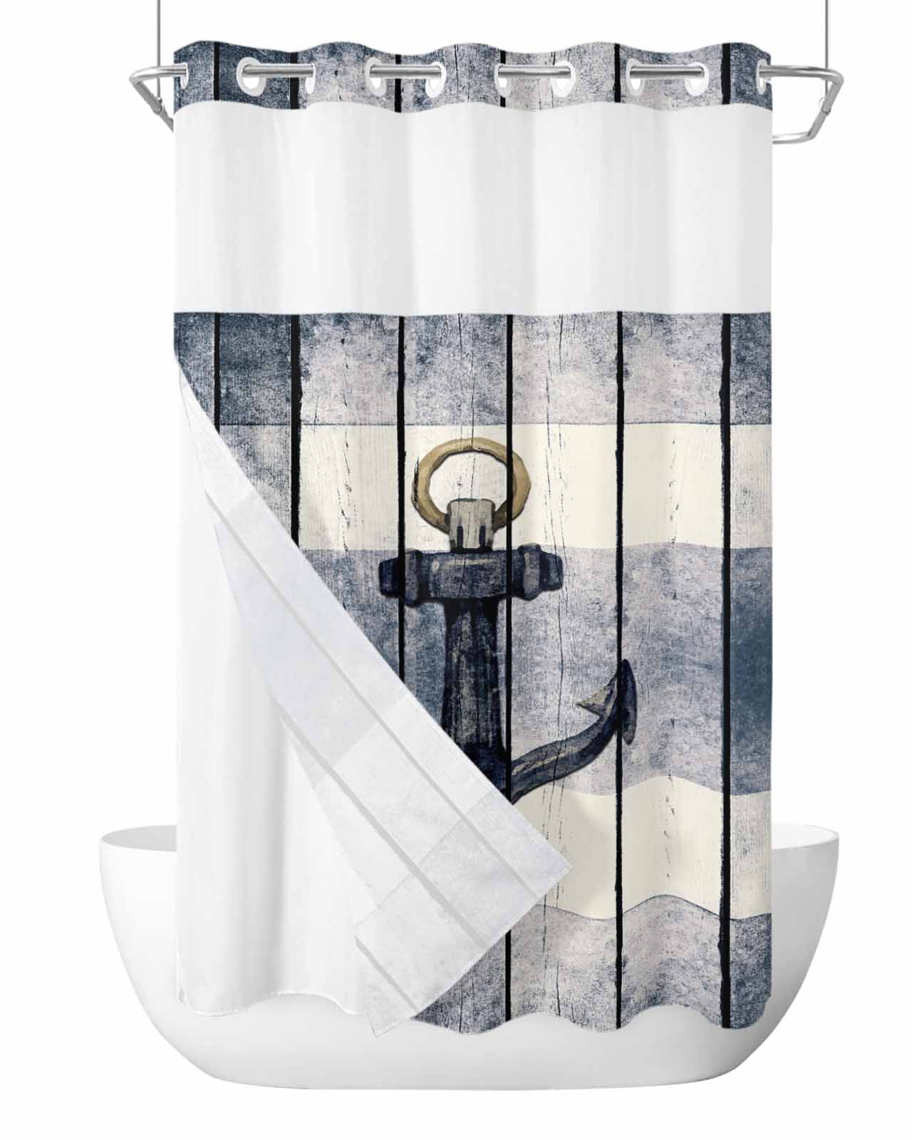 No Hook Shower Curtain and Snap in Liner Set,Navy Blue Nautical Fabric Bathroom Stall Shower ...